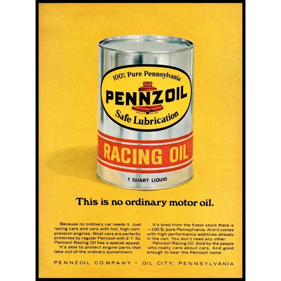 Pennzoil | Art | 967 Pennzoil Racing Motor Oil Vintage Print Ad Yellow ...